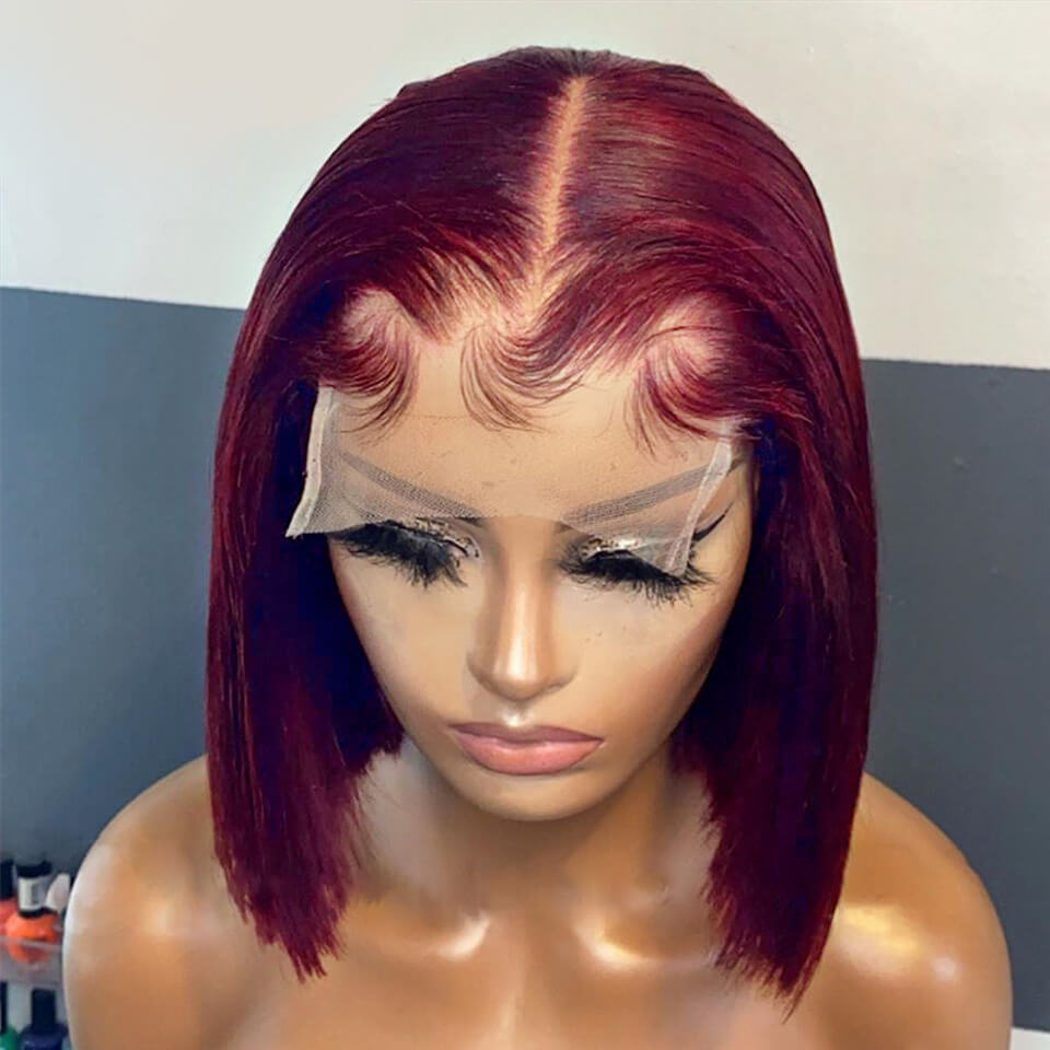 4*4 99J Burgundy Color Straight Short Bob Wigs 99J Lace Closure Wigs