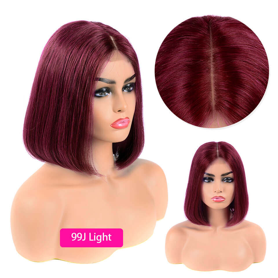 4*4 99J Burgundy Color Straight Short Bob Wigs 99J Lace Closure Wigs