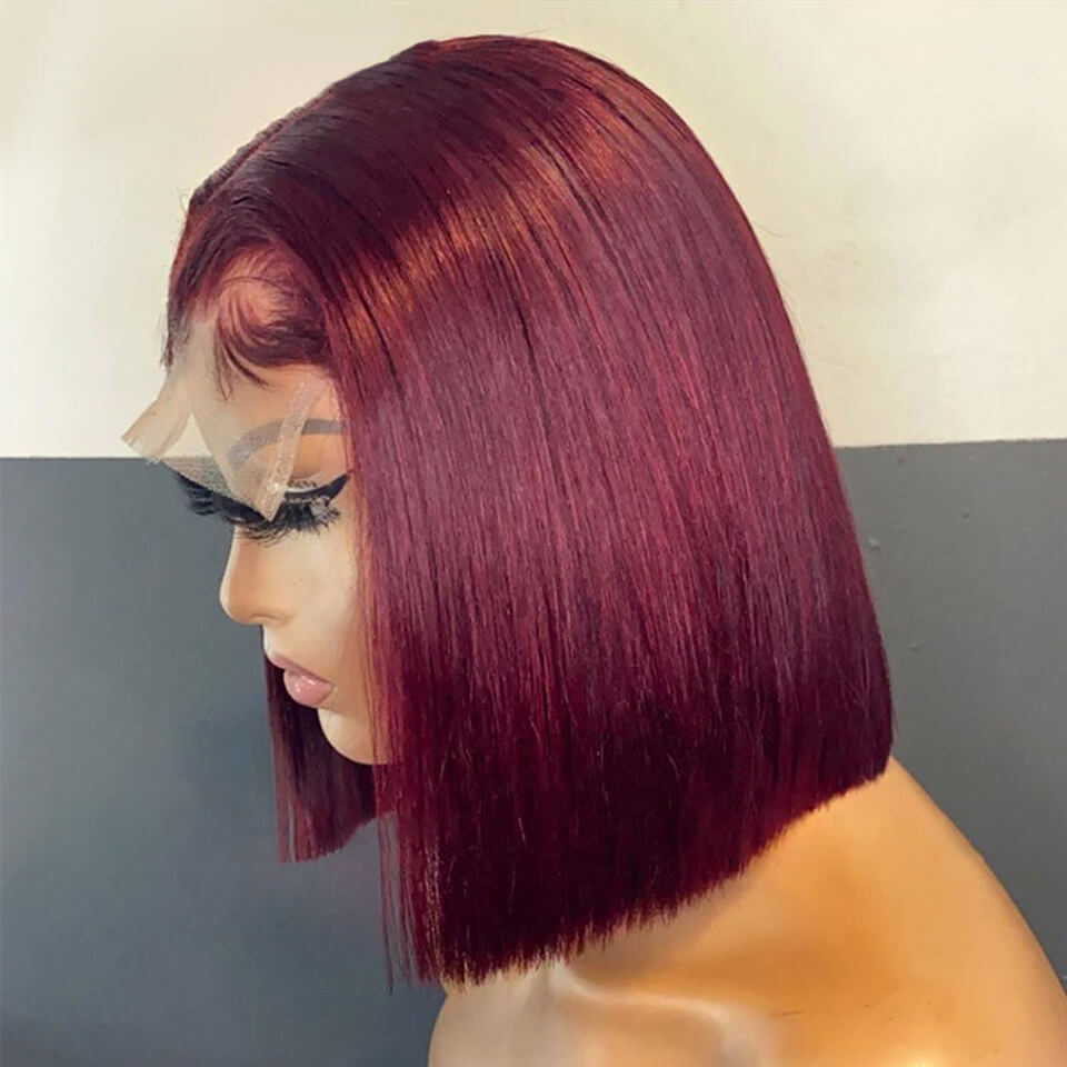 4*4 99J Burgundy Color Straight Short Bob Wigs 99J Lace Closure Wigs