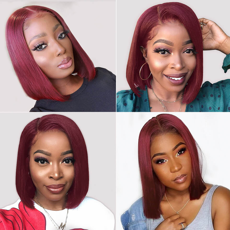 4*4 99J Burgundy Color Straight Short Bob Wigs 99J Lace Closure Wigs