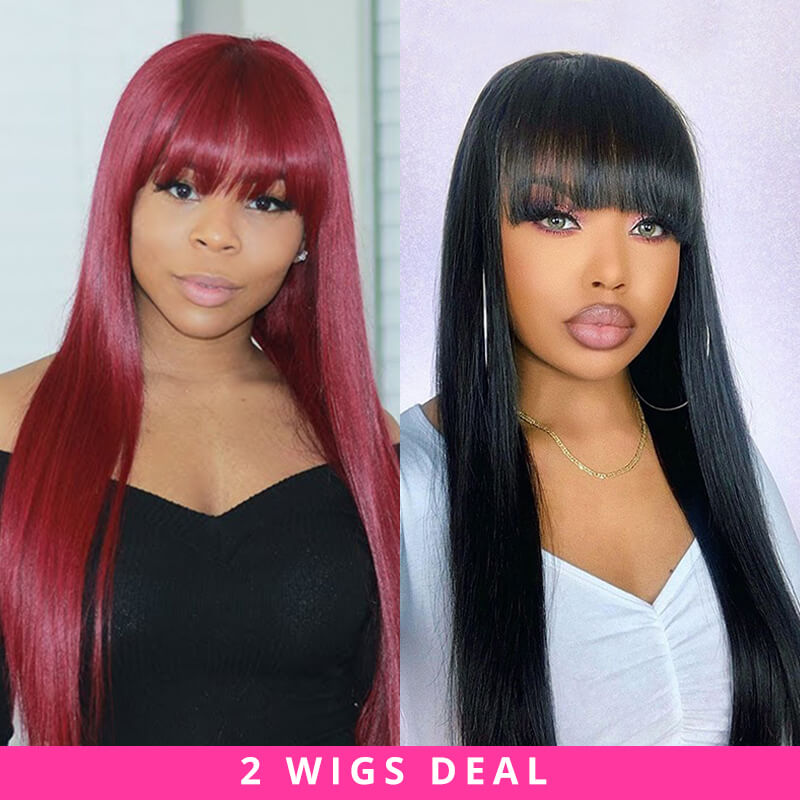 2 Pack wigs deal: Straight Burgundy Wig And Black Wig with Bangs